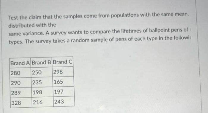 Solved Test the claim that the samples come from populations | Chegg.com
