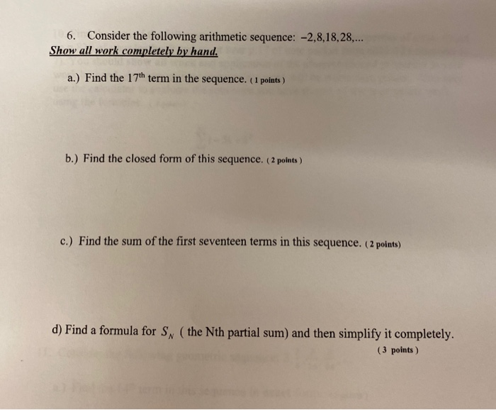 Solved 6. Consider the following arithmetic sequence: | Chegg.com