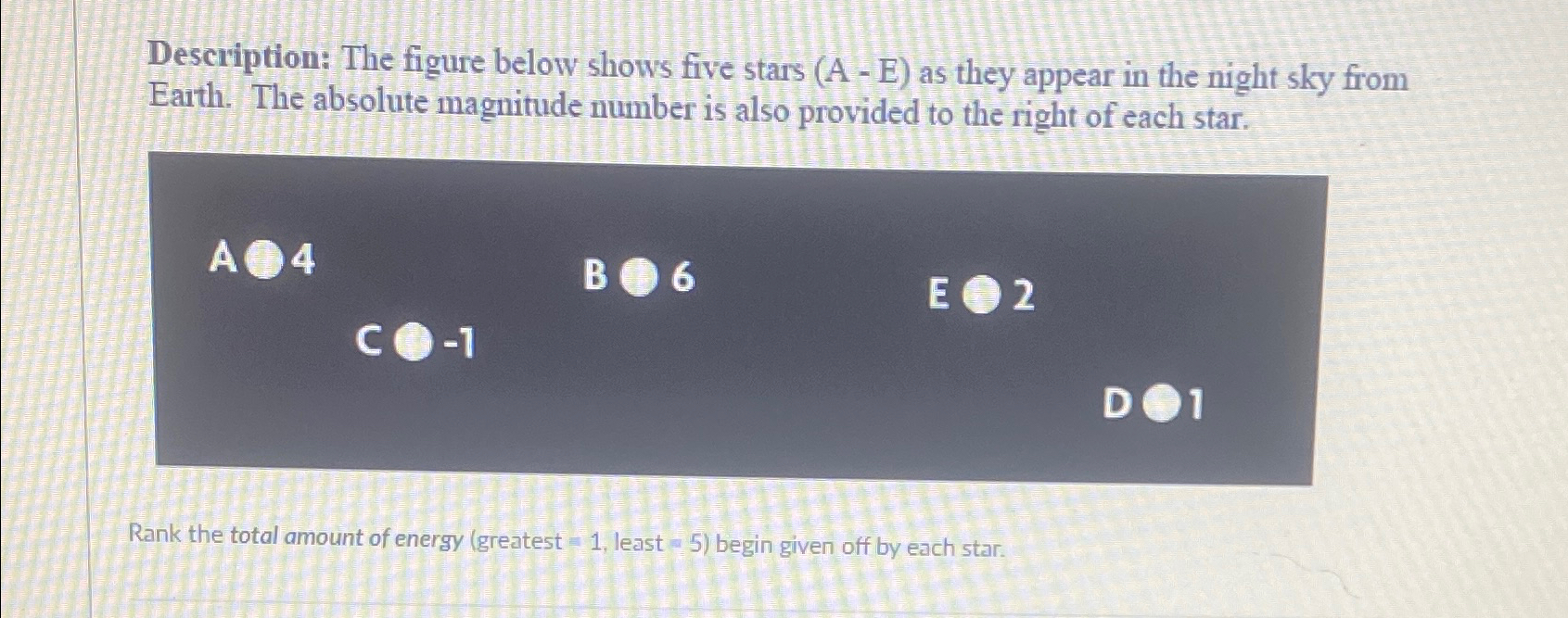 Solved Description: The figure below shows five stars (A-E) | Chegg.com