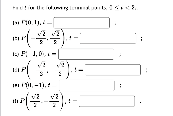 Solved Find t ﻿for the following terminal points, | Chegg.com