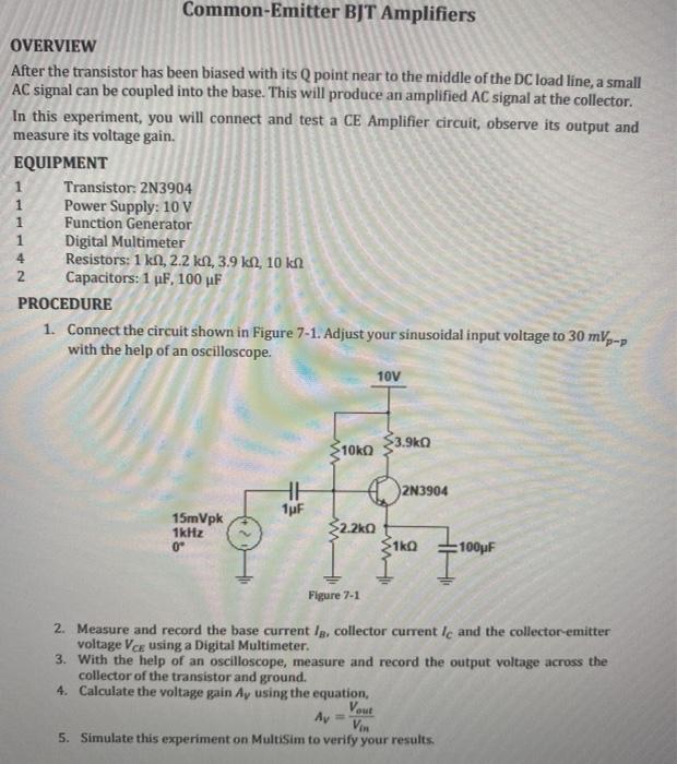 Solved Common-Emitter BJT Amplifiers OVERVIEW After the | Chegg.com