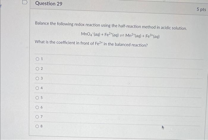 Solved Balance the following redox reaction using the | Chegg.com