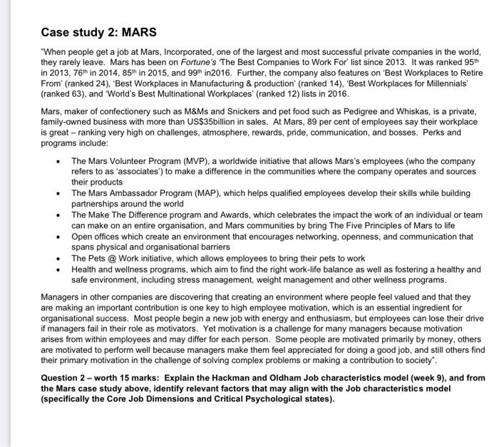 Solved Case study 2: MARS "When people get a job at Mars, | Chegg.com