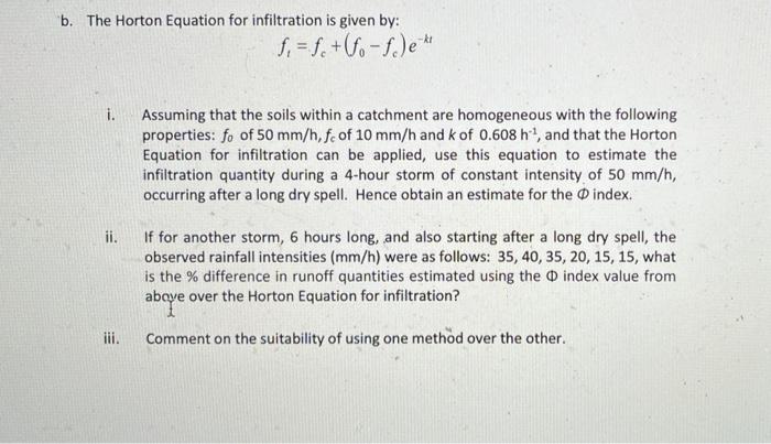 Solved b. The Horton Equation for infiltration is given by: | Chegg.com