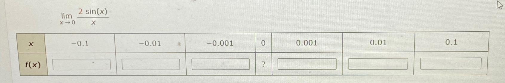 Solved limx→02sin(x)x\table[[x,-0.1,-0.01,-0.001,0,0.001,0.0 | Chegg.com