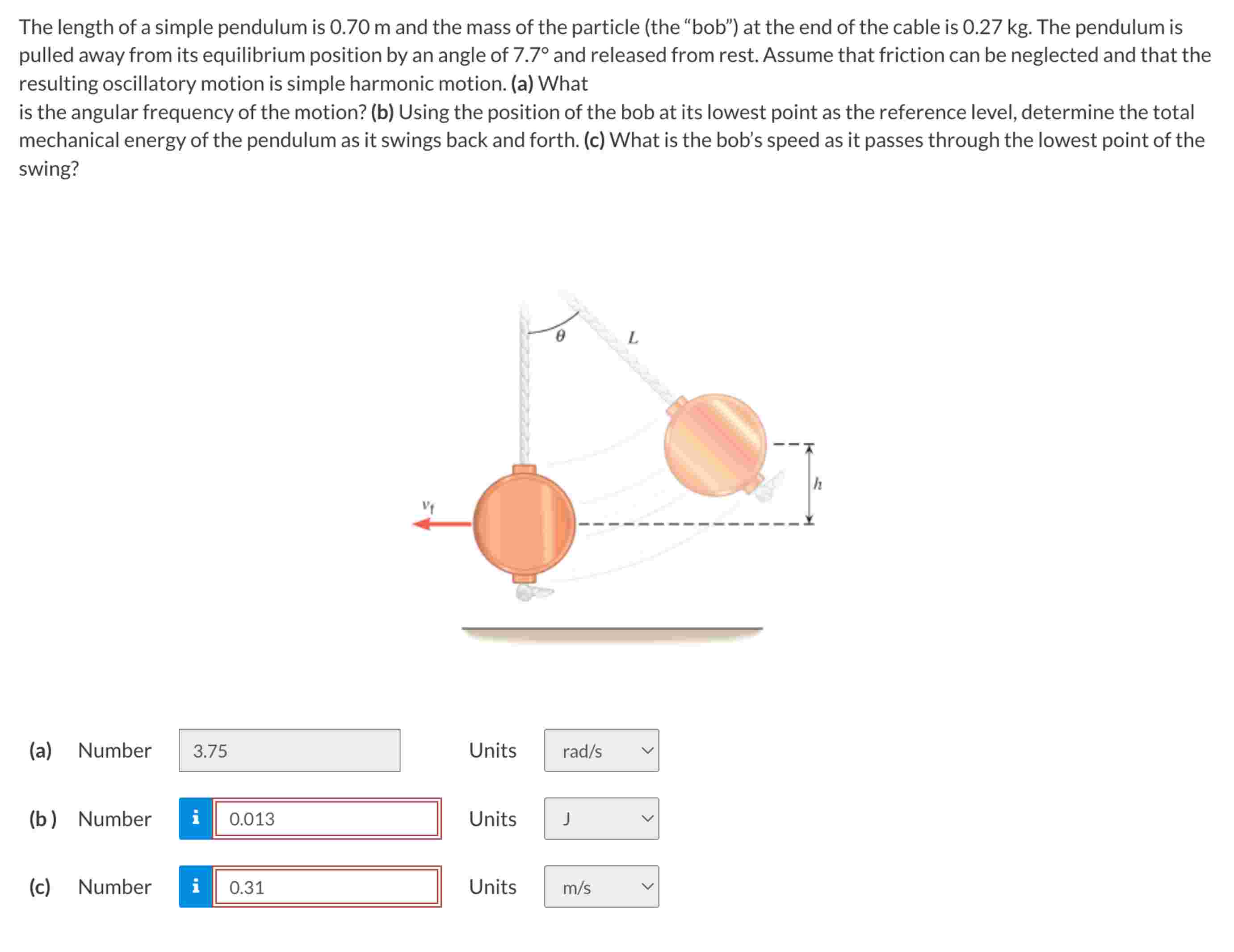 Solved The length of a simple pendulum is 0.70 ﻿m and the | Chegg.com