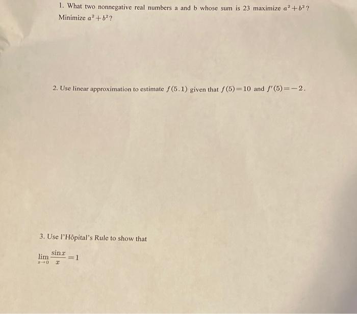 Solved 1. What two nonnegative real numbers a and b whose | Chegg.com