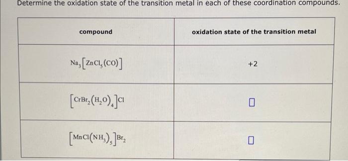 Solved Determine the oxidation state of the transition metal | Chegg.com