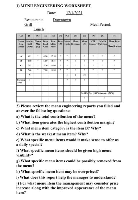 1) MENU ENGINEERING WORKSHEET Date: 12/1/2021 | Chegg.com