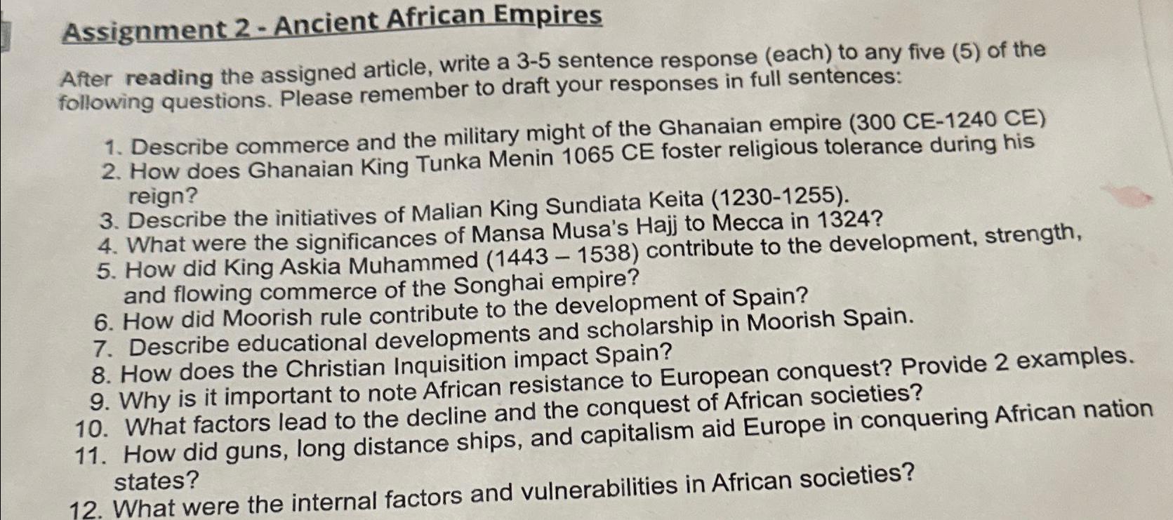 Solved Assignment 2-Ancient African EmpiresAfter reading the | Chegg.com