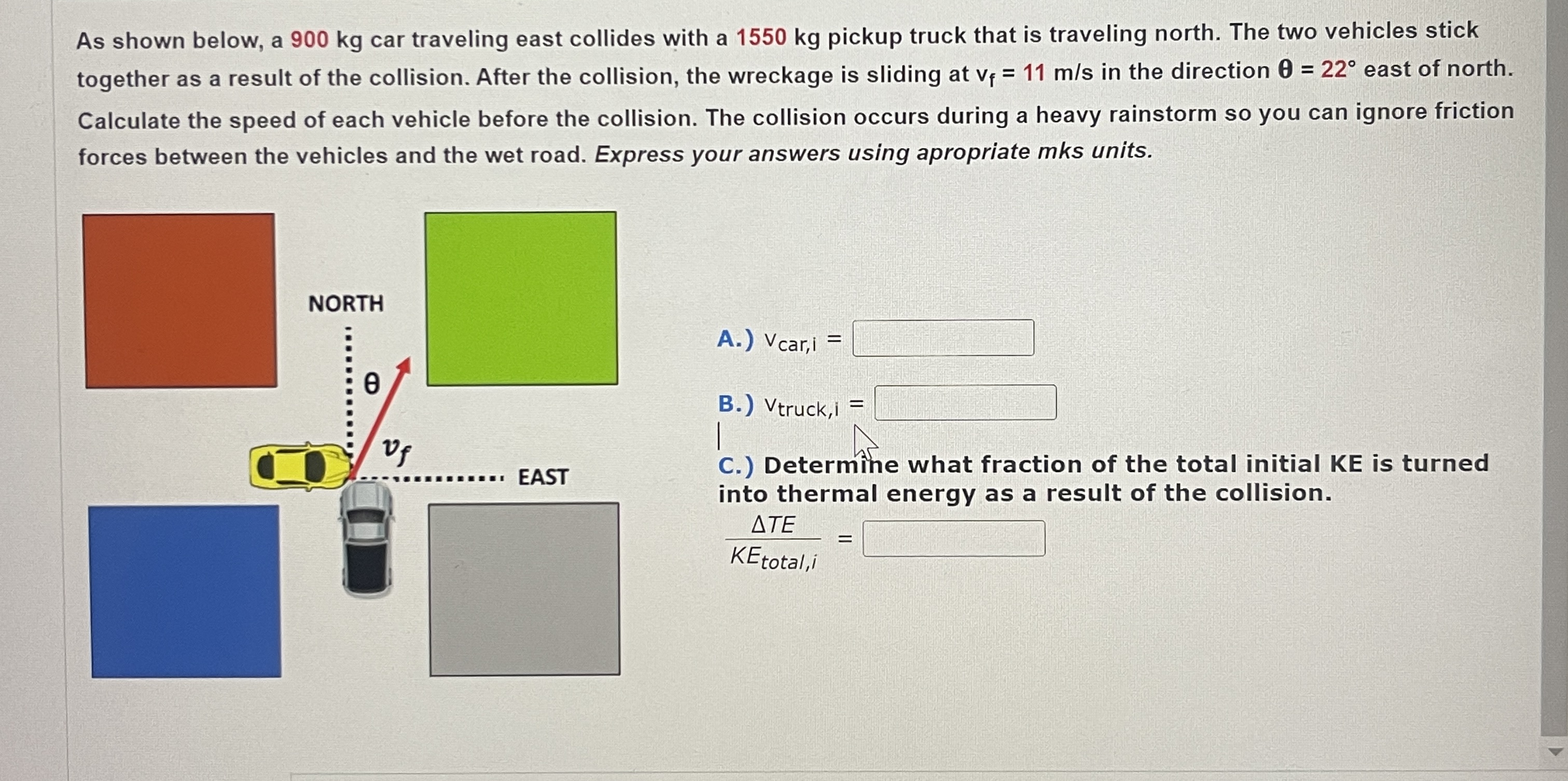Solved As shown below, a 900kg ﻿car traveling east collides | Chegg.com