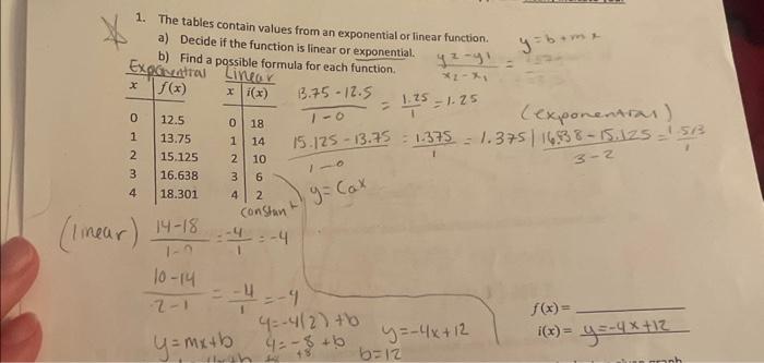 Solved 1. The tables contain values from an exponential or | Chegg.com