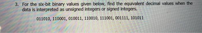 Solved 3. For the six-bit binary values given below, find | Chegg.com