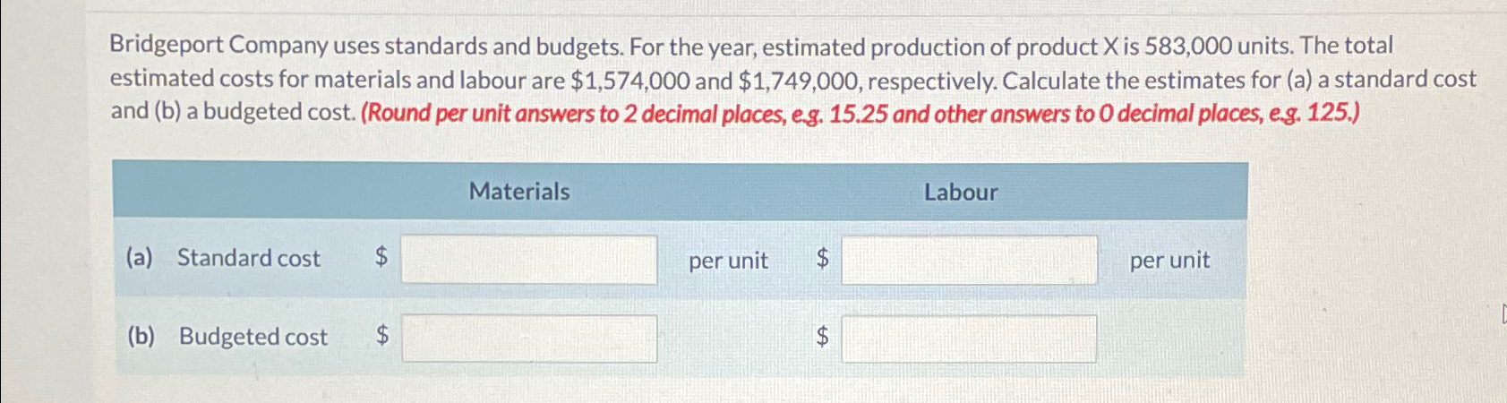 Solved Bridgeport Company uses standards and budgets. For | Chegg.com