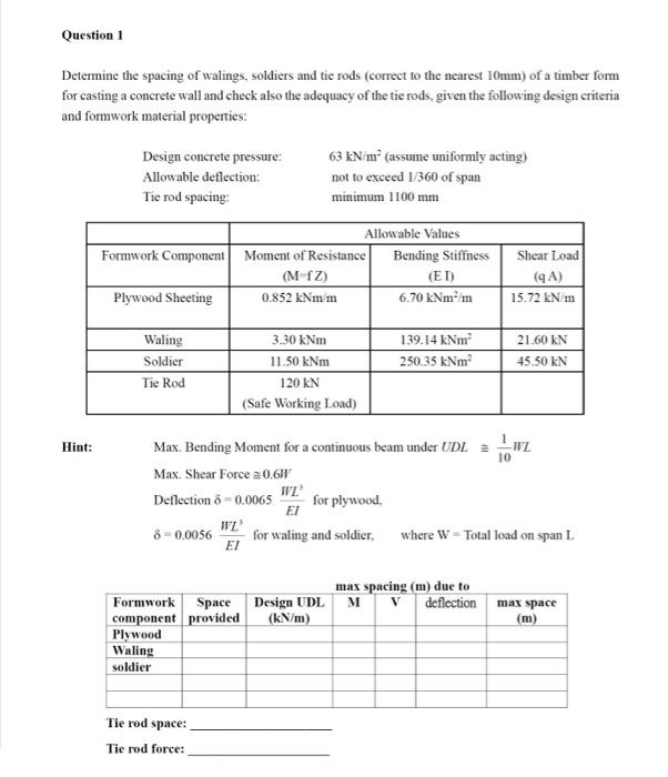 Determine the spacing of walings, soldiers and tie | Chegg.com