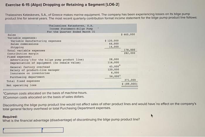 Solved Exercise 6-15 (Algo) Dropping or Retaining a Segment | Chegg.com
