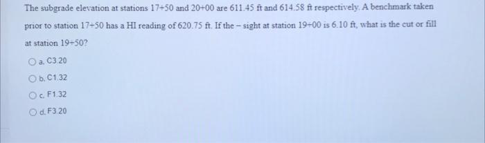 Solved The subgrade elevation at stations 17+50 and 20+00 | Chegg.com