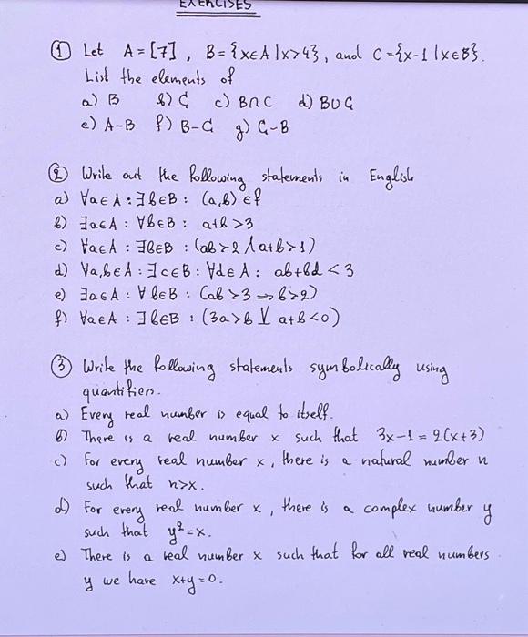 Solved (1) Let A=[7],B={x∈A∣x>4}, and C={x−1∣x∈B}. List the | Chegg.com