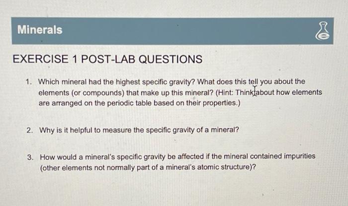 Solved EXERCISE 1 DATA SHEET Table 3. Specific Gravity 1. | Chegg.com