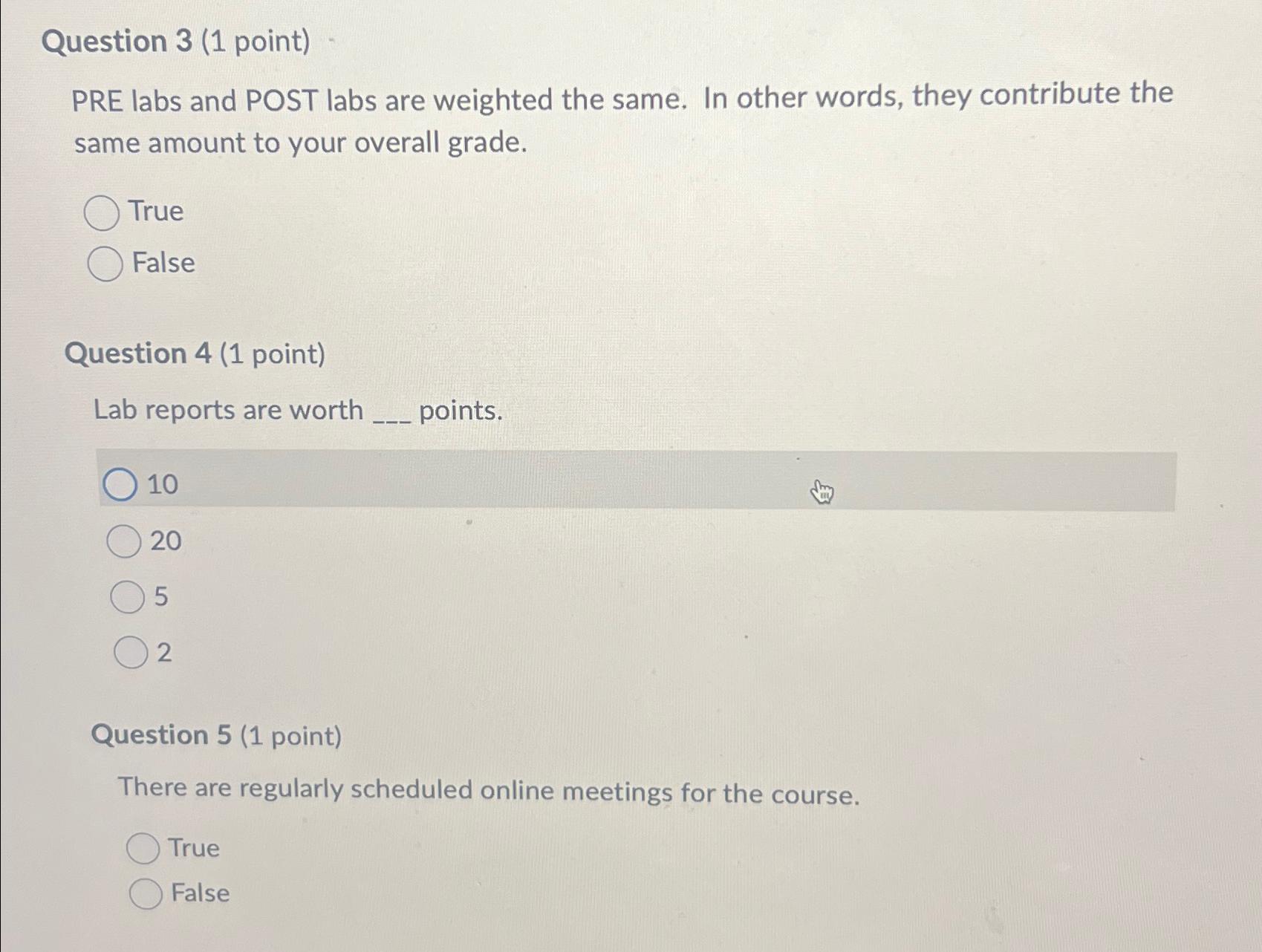 Solved Question 3 (1 ﻿point)PRE labs and POST labs are | Chegg.com