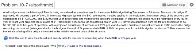 Solved Problem 10-7 (algorithmic) Question Help A toll | Chegg.com