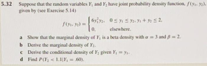 Solved Suppose that the random variables Y1 and Y2 have | Chegg.com