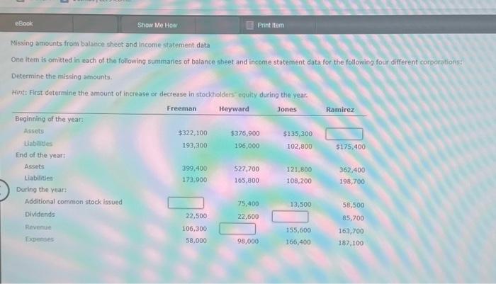 Solved Missing amounts from balance sheet and income | Chegg.com