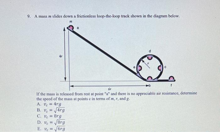 [Solved]: 9. A mass m slides down a frictionless loop-the-l