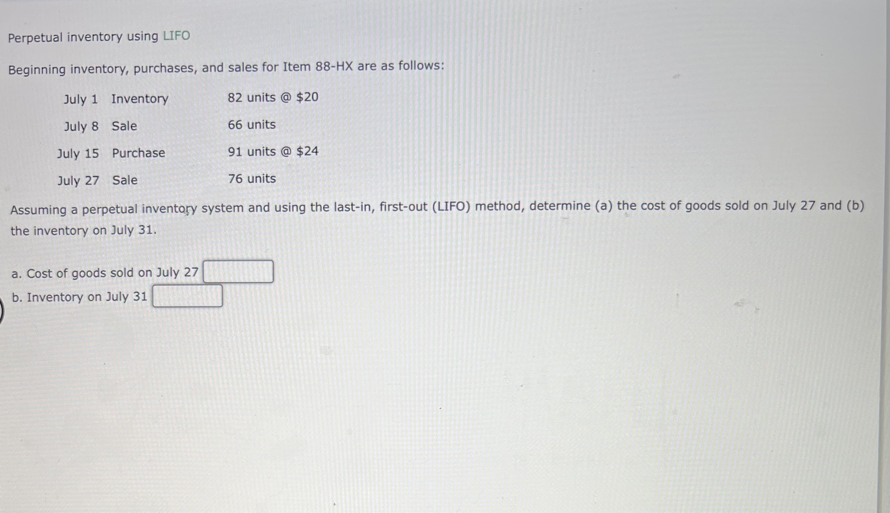 Solved Perpetual inventory using LIFOBeginning inventory, | Chegg.com