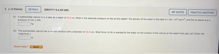 Solved (a) A submersible vehicie is in a lake at a depth of | Chegg.com