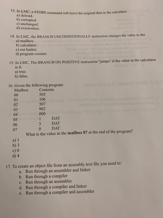 13. In LMC, a STORE command will leave the original | Chegg.com