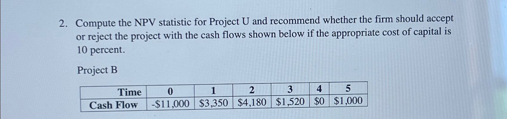 Solved Compute the NPV statistic for Project U ﻿and | Chegg.com