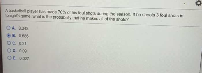 Solved A basketball player has made 70% of his foul shots | Chegg.com