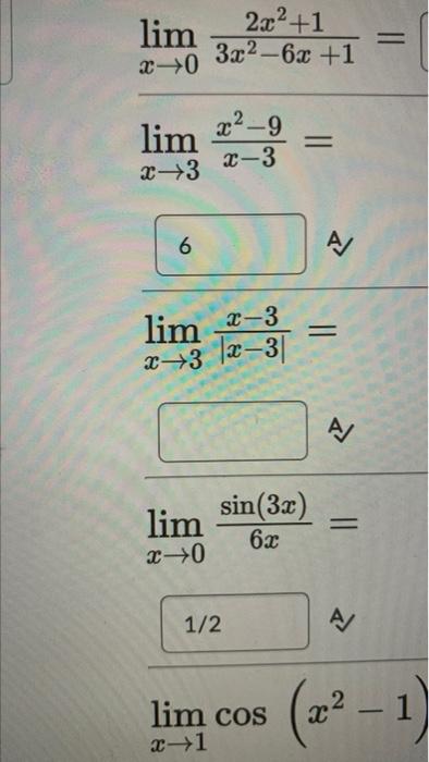 Solved limx→03x2−6x+12x2+1=limx→3x−3x2−9= A) limx→3∣x−3∣x−3= | Chegg.com