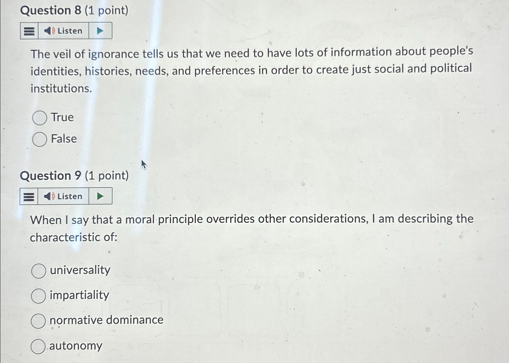 Solved Question 8 (1 ﻿point)ListenThe veil of ignorance | Chegg.com