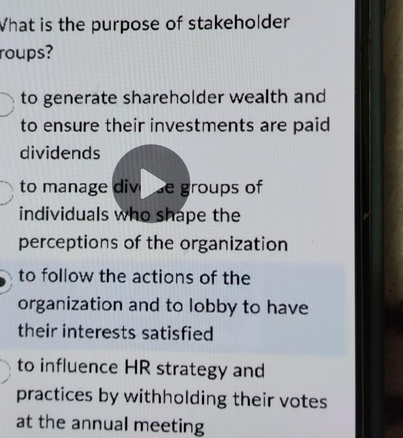 Solved What is the purpose of stakeholder roups?to generate | Chegg.com