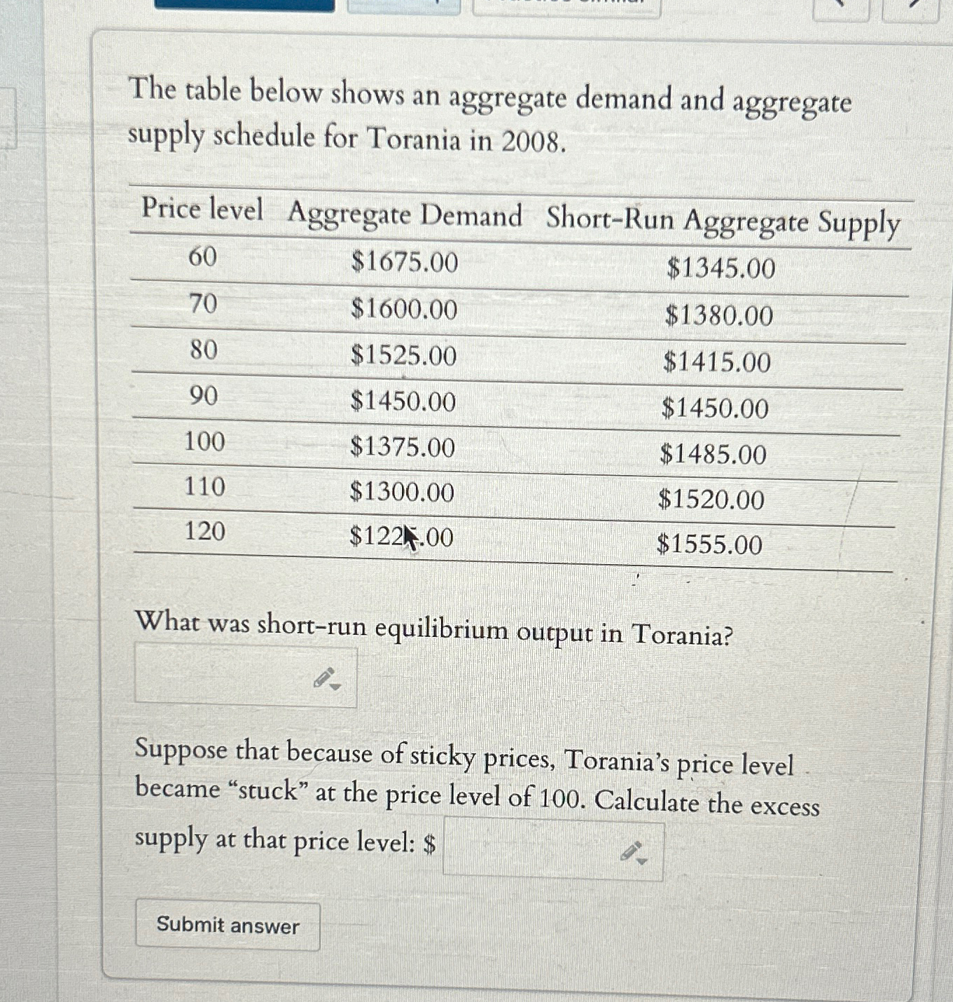 The table below shows an aggregate demand and | Chegg.com The table below shows an aggregate demand and | Chegg.com