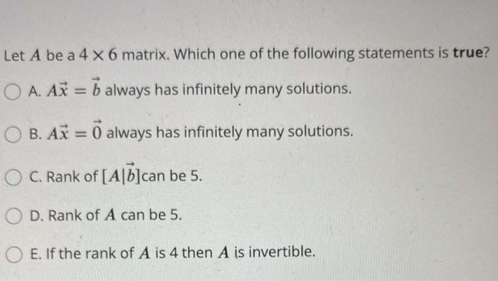 Solved Let A be a 4 x 6 matrix. Which one of the following | Chegg.com