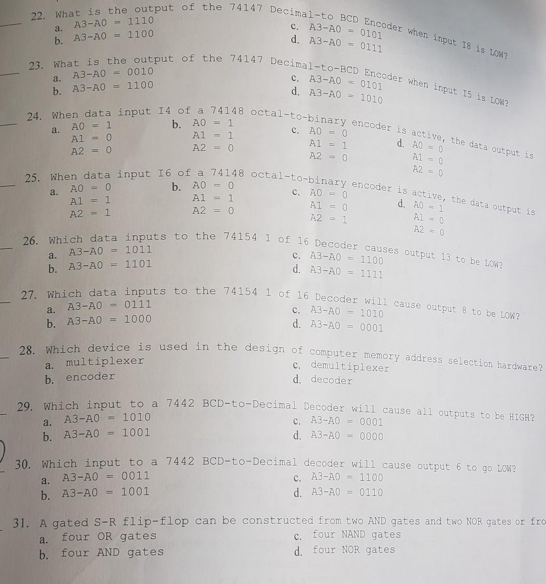 Solved 22. What is the output of the 74147 Decimal-to BCD | Chegg.com