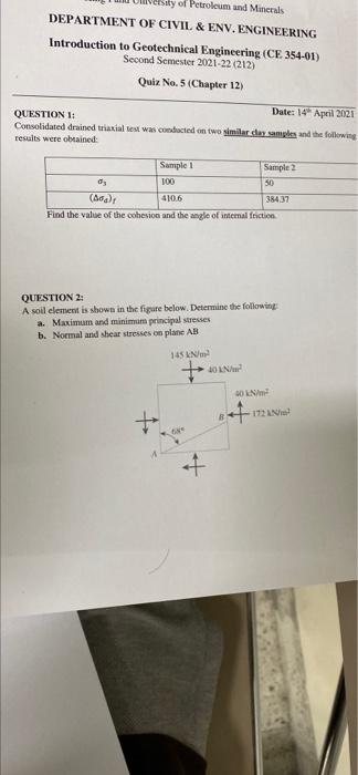 Solved of Petroleum and Minerals DEPARTMENT OF CIVIL & ENV. | Chegg.com