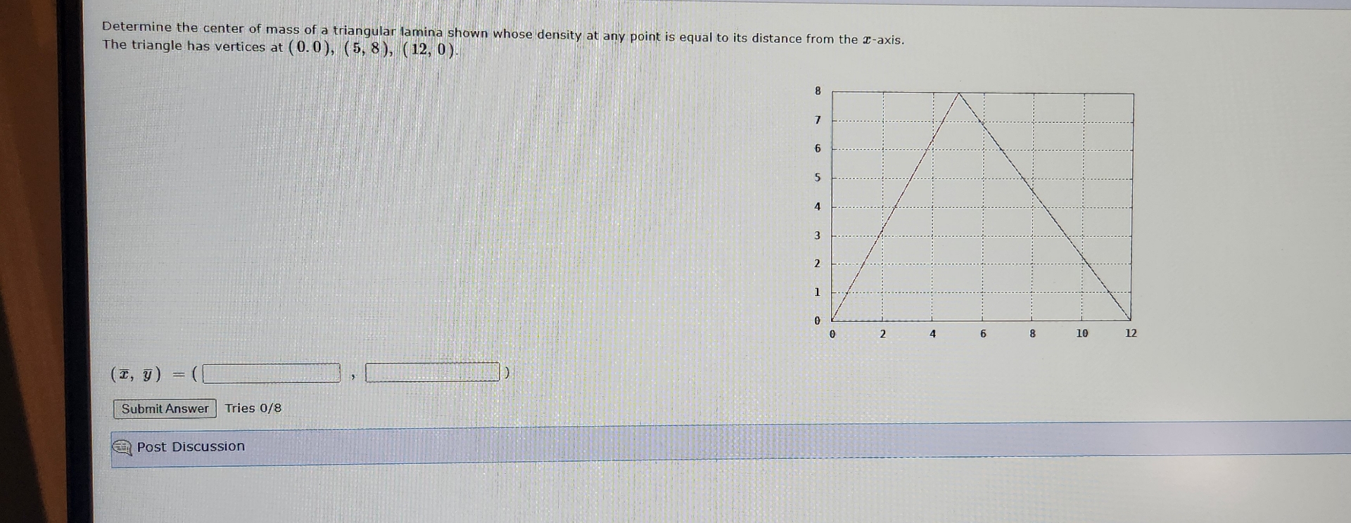 Solved Determine the center of mass of a triangular lamina | Chegg.com
