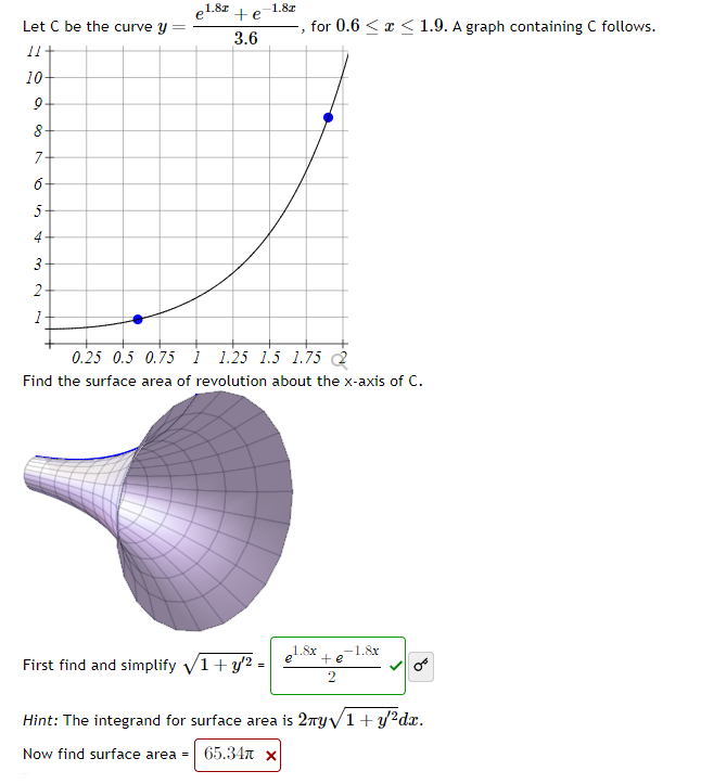 Solved Let C ﻿be the curve y=e1.8x+e-1.8xم, ﻿for 0.6≤x≤1.9. | Chegg.com