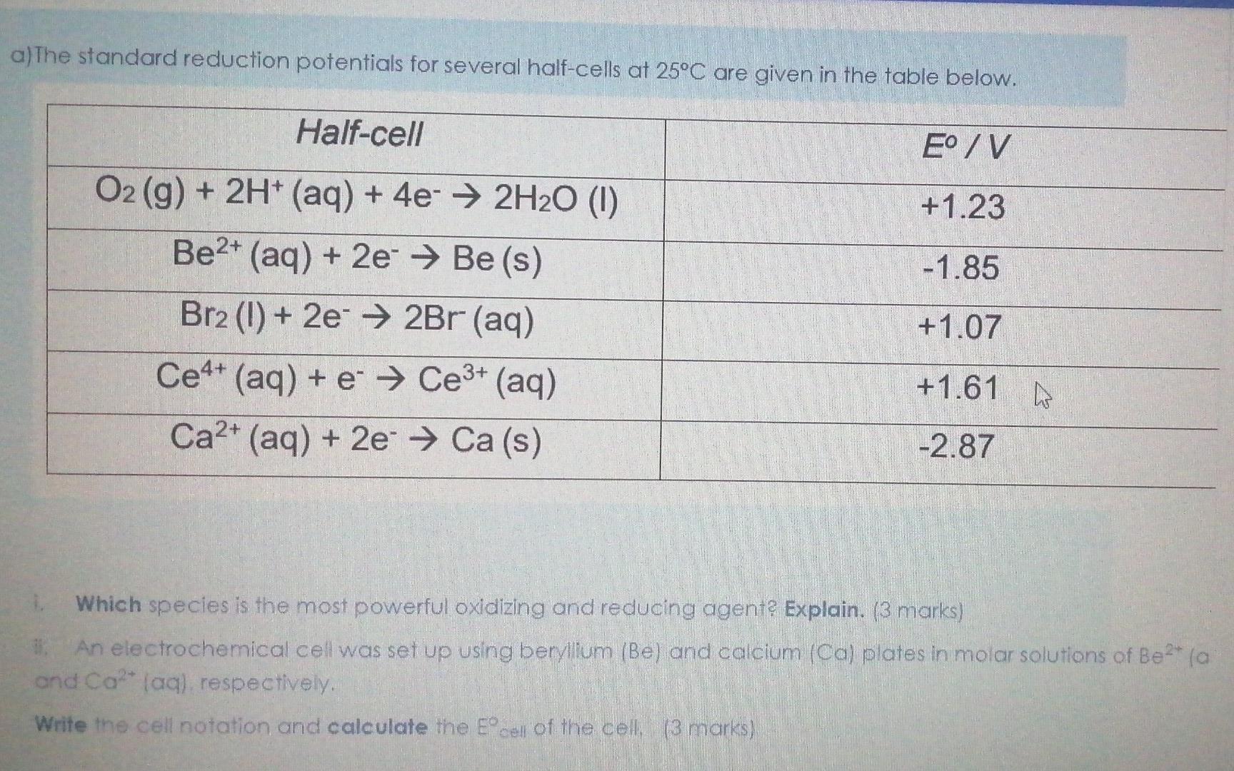 Solved a)The standard reduction potentials for several | Chegg.com