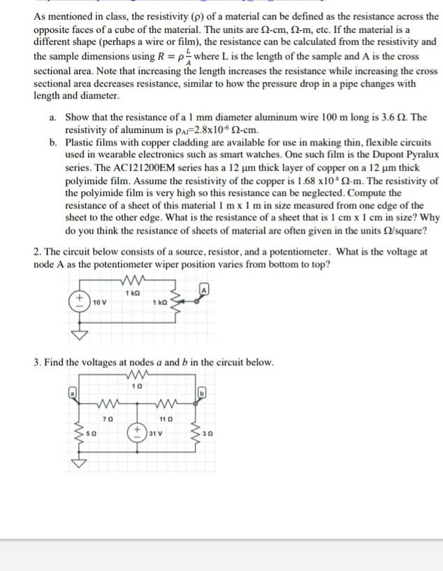 Solved As mentioned in class, the resistivity (p) of a | Chegg.com