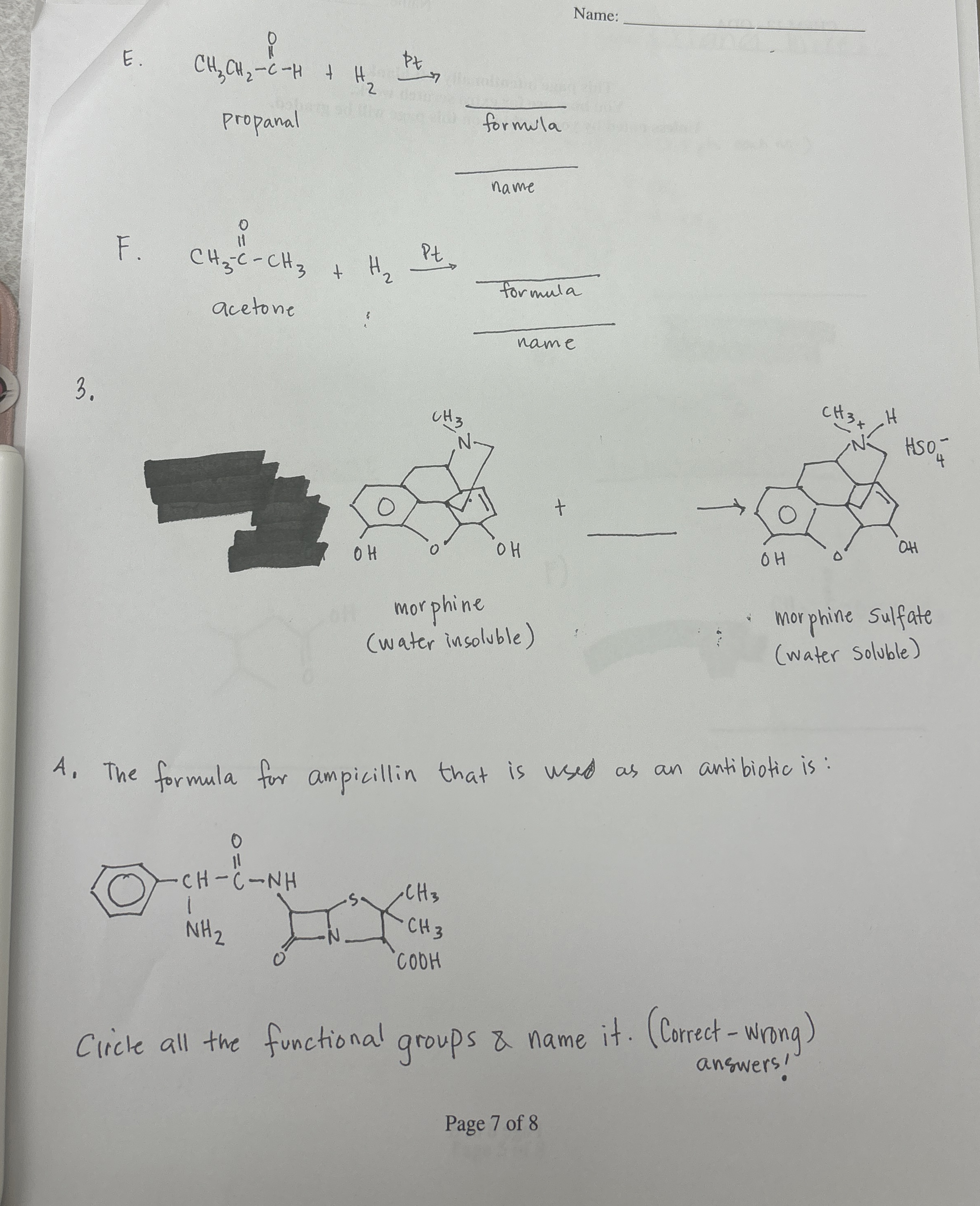 Solved Name:E. ,CH3CH-00-C-H+H2→Ptq,propanal | Chegg.com