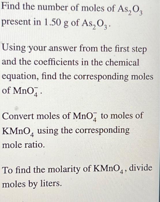 Solved 1.50 g of As2O3 are titrated with 31.5 mL of KMnO4 to | Chegg.com