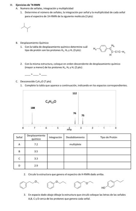 Solved IN. Ejercicios de 'H-RMN A. Numero de señales, | Chegg.com