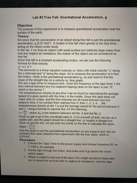 Lab #2 Free Fall- Gravitational Acceleration, g | Chegg.com