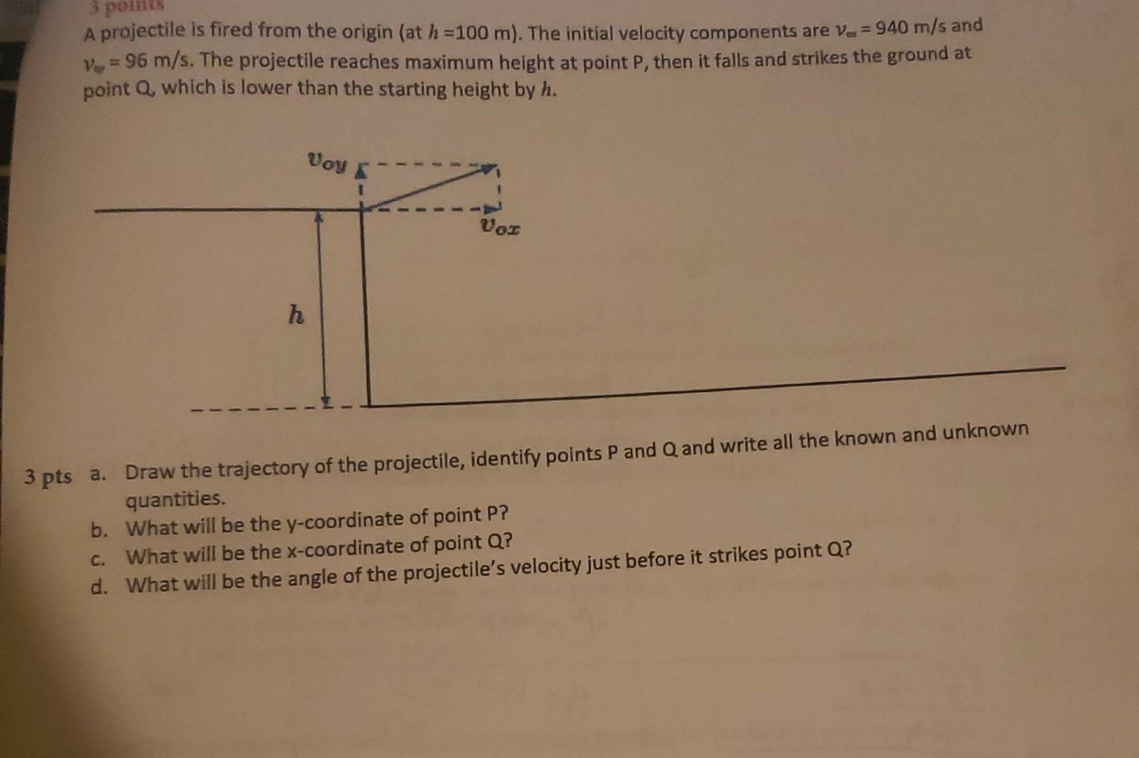Solved A projectile is fired from the origin (at h=100 m ). | Chegg.com