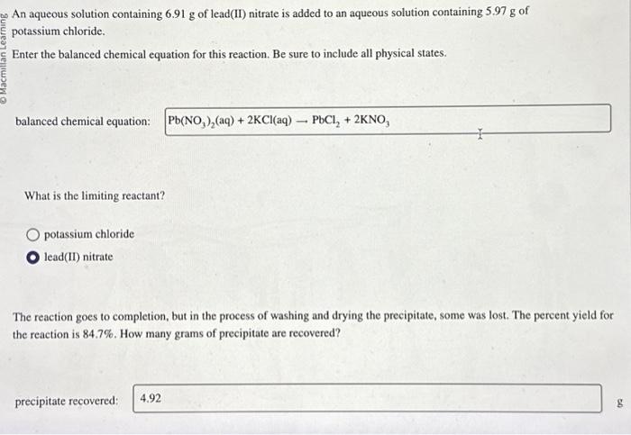 Solved An aqueous solution containing 6.91 g of lead(II) | Chegg.com